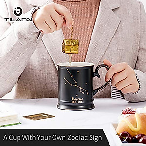TILANY Ceramic Coffee Mug With Constellation Design - Black Tea Mugs With Golden Spoon & Tea Infuser - Large Porcelain Cups - Coffee Pottery Cup With Zodiac Sign - 13.5oz Cup Gift Set (Taurus)