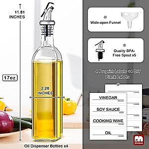 GMISUN Olive Oil Dispenser Bottle, Oil Dispenser Bottle for Kitchen, Cooking Oil and Vinegar Dispenser Set 4Pack, Glass Oil Container Cruet-Oil Pourer Spout, Funnel and Labels, Clear for Oil, Vinegar