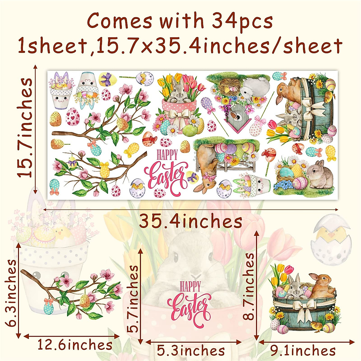 Happy Easter Wall Stickers Bunny Rabbit Wall Decals Peel and Stick Wall Art Decal Easter Egg Wall Decal Spring Flower Tree Branch Window Clings for Kids Room Nursery Living Room Kitchen Decor Gifts