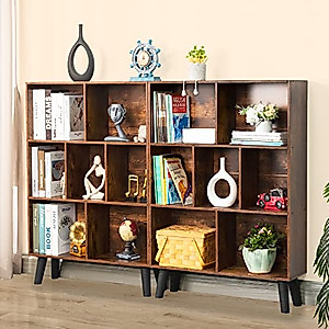 LELELINKY Mid Century 7 Cube Bookshelf,3 Tier Modern Bookcase with Legs,Rustic Brown Bookshelves Storage Organizer Shelf,Wood Short Book Shelves,Free Standing Display Bookcases for Bedroom,Living Room