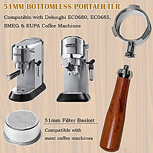 EGNic 51mm Bottomless Portafilter 3 Ears Compatible with Delonghi EC680, EC685, SMEG & EUPA Coffee Machines, Stainless Steel Espresso Naked Portafilter with Filter Basket & Wooden Handle