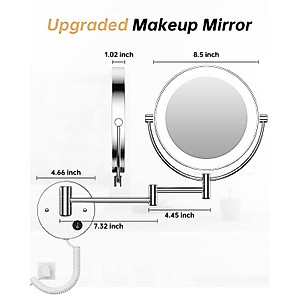 Gospire 8.5" Wall Mounted Lighted Magnifying Mirror, 1X/10X Double-Sided Magnification Round LED Cosmetic Vanity Bathroom Mirror Extendable Arm 360° Swivel for Shaving Makeup