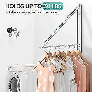 DarMeyFull Clothes Drying Rack Retractable Wall Mounted Clothes Rack Folding Drying Rack Clothing Hanging Rack Clothes Hanger Rack for Laundry Room Closet Storage Organization Aluminum Silver 1 PC