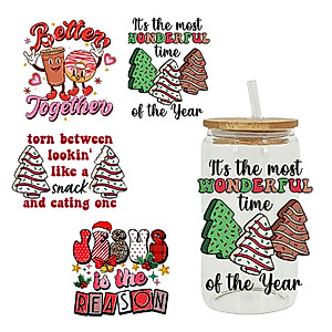 UV DTF Cup Wrap Transfer for Glass, 4 Sheet Rub on transfers for Crafts Christmas Iron-on Decals, Merry Christmas Rub on Transfer Stickers, Glass Cups Furniture DIY Crafts, Waterproof Ready to Press