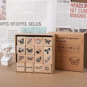 Cliocoo 16cs Wood Rubber Stamp Set, Moon&Star Decorative Wooden Stamp Set, Universe Planet Stamp for Art Craft, Journal, Diary, Scrapbook, Planner, Letter, Card Making M-26 (5-Butterfly)