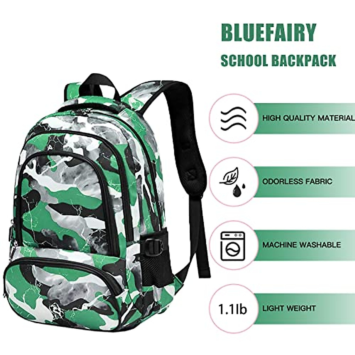Boys School Backpack for Kids Elementary Middle School Bags for Teens Childs Camouflage Primary Book Bags Lightweight Durable Gifts Fourth Fifth Sixth Grade 17 Inch Ages 4.5.6.7.8.9.10 (Green)