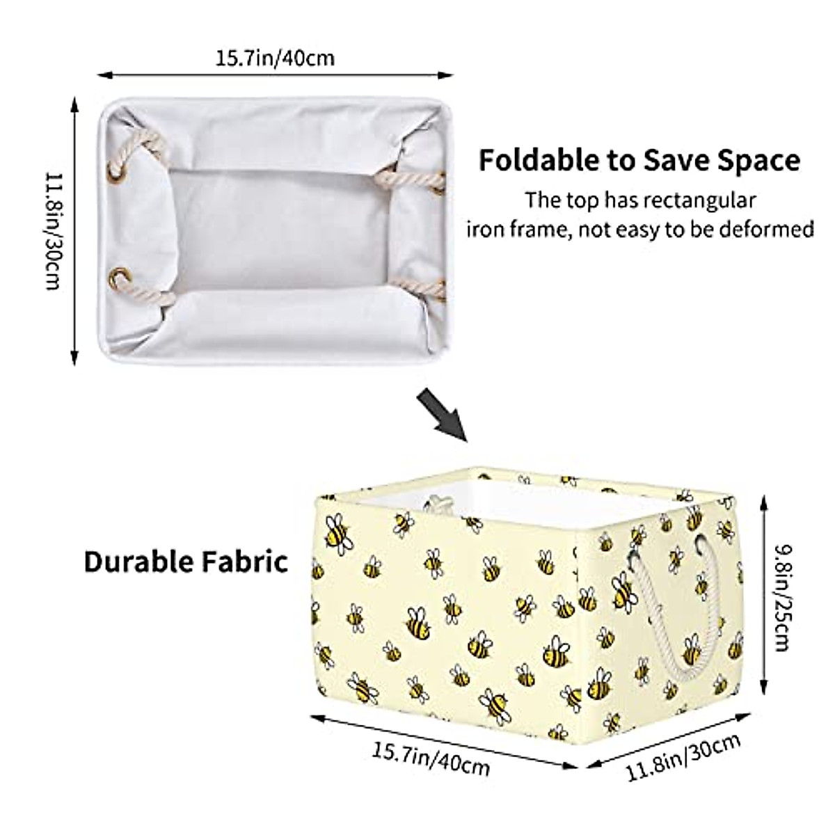 Nozidse Honey Bee Rectangular Storage Baskets for Organizing Shelves Collapsible with Handles for Shelf Closet Bathroom Cute Large Fabric Storage Bin