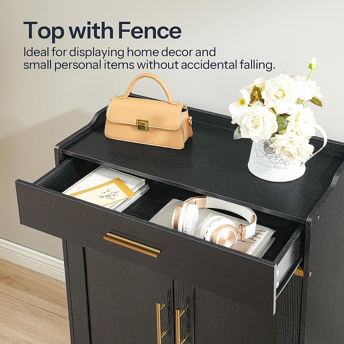 HOOBRO Shoe Storage Cabinet, Narrow Shoe Cabinet, Shoe Cabinet Storage for Entryway, Freestanding Shoe Organizer Cabinet, Shoe Rack Cabinet with Adjustable Shelves, Gold and Black DB14SC01