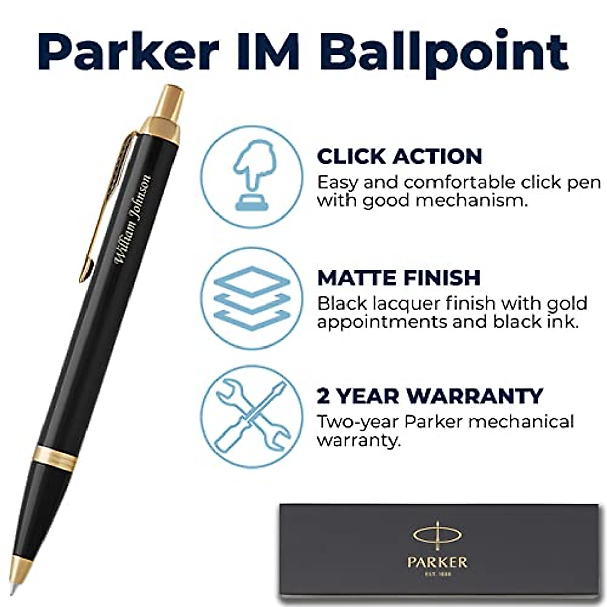 Dayspring Pens Parker Pen | Engraved/Personalized Parker IM Black Lacquer and Gold Trim Ballpoint Gift Pen. Custom Engraving Shipped in One Business Day.