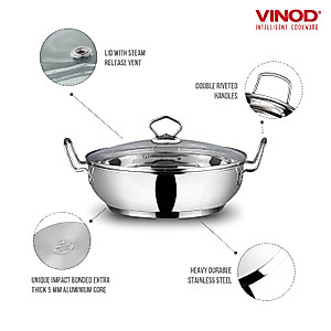 Vinod Stainless Steel Kadhai with Glass lid - Induction Friendly (18 cm/ 7 inch) – 1.5 Liters(1.7 Quarts) – 6 Cups - Small Size - Multi-Use Pot – Suitable For Indian Cooking, Sauce, Deep Fry, Stew