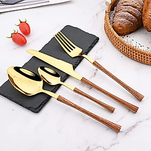 BRIIEC 24-Piece Wood Silverware Flatware Set Stainless Steel Cutlery Service for 6, Including Fork Spoon Knife Tableware, Mirror Polished,Wooden Handle with Gold Mouth