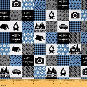 Happy Camping Fabric by The Yard Camper Decorative Waterproof Outdoor Fabric Vintage Wood Grain Fire Print Upholstery Fabric for Chairs Retro RV Camping Plaid Grid Blue Black Upholstery Fabric, 1 Yard