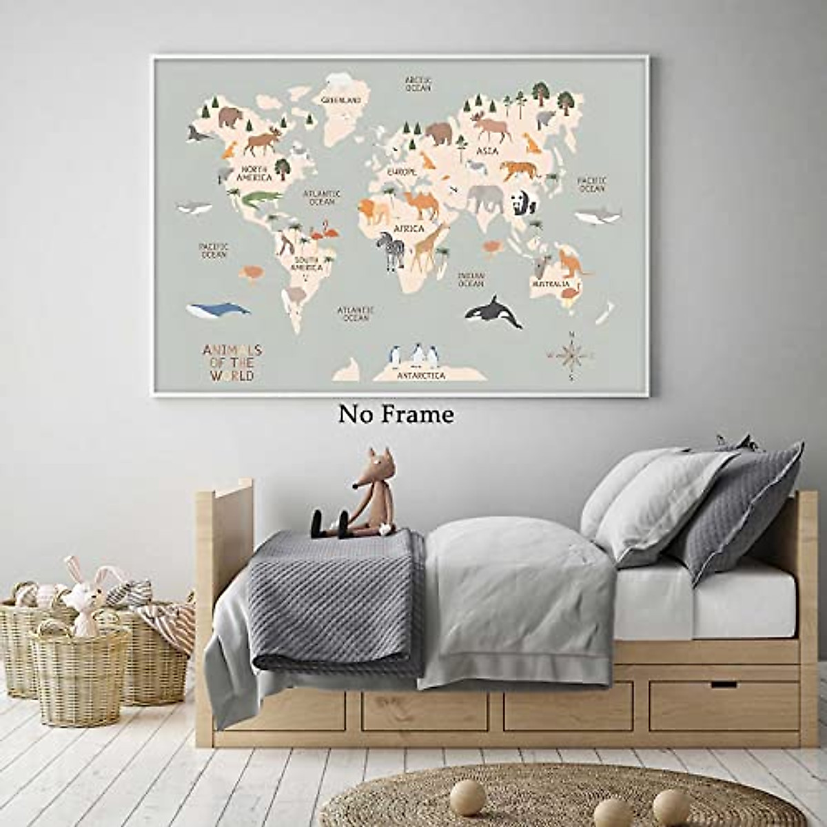 World Map Poster Animals Nursery Educational Wall Pictures Green World Map Wall Art Animal Nursery Pictures Animal Map Canvas Wall Art Nursery World Map Wall Art Watercolor Map Wall Art 16x24in No Frame
