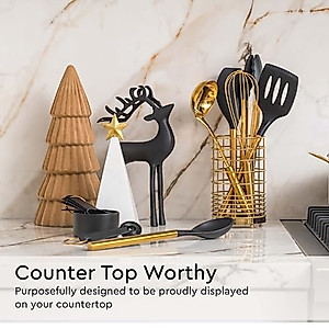 Black and Gold Kitchen Utensils Set with Holder - 7PC Gold Cooking Utensils Set Includes Black Silicone Cooking Utensils Set and Gold Utensil Holder - Gold Kitchen Accessories