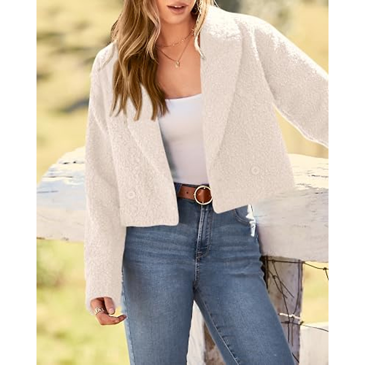 BTFBM 2023 Women's Fashion Fuzzy Fleece Short Jacket Fall Winter Lapel Button Down Outerwear Long Sleeve Faux Fur Coat(Solid Beige, Medium)