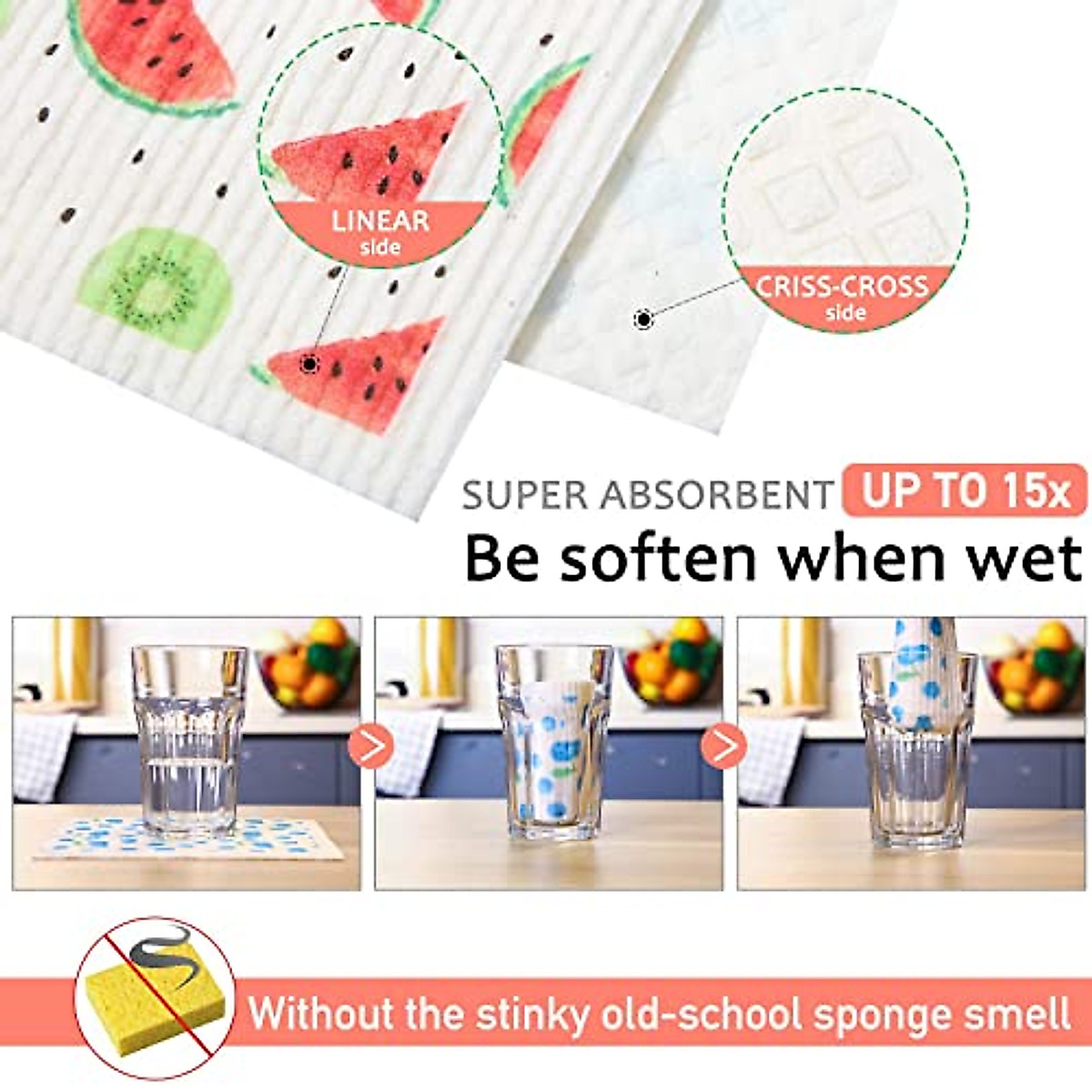 Mixed Fruit Swedish Kitchen Dishcloths Reusable Dish Towels Absorbent and Fast Dry Cleaning Cloths for Kitchen Blueberry Cherry Strawberry Lemon Pineapple Watermelon Cleaning Wipes (6 Pieces)