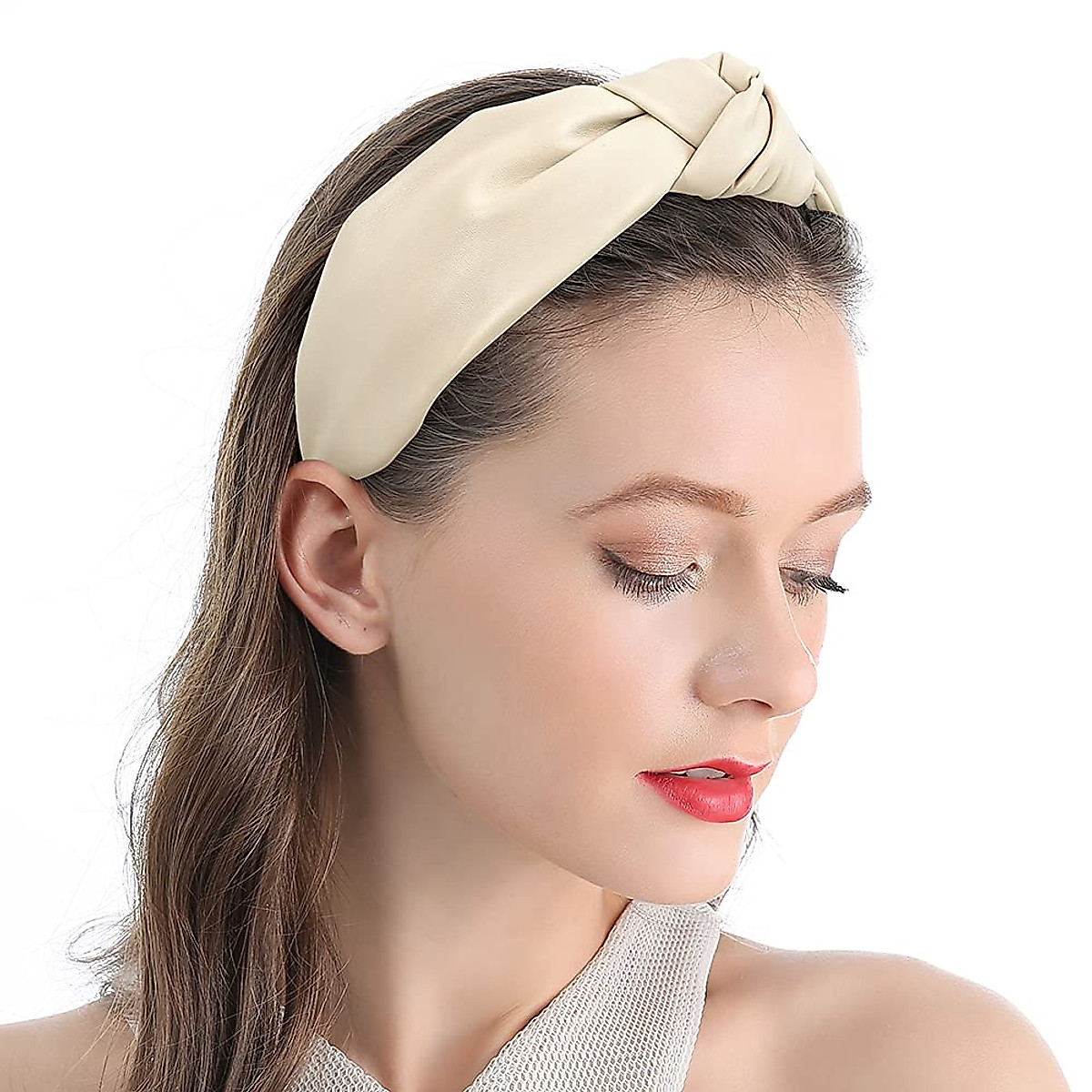 QIANXUAN Wide Hair Bands for Women - Black Cloth Headband and Leather Headbands with Tie for Glam Girl Fashion (2Pcs Pu Artificial Top Knot)