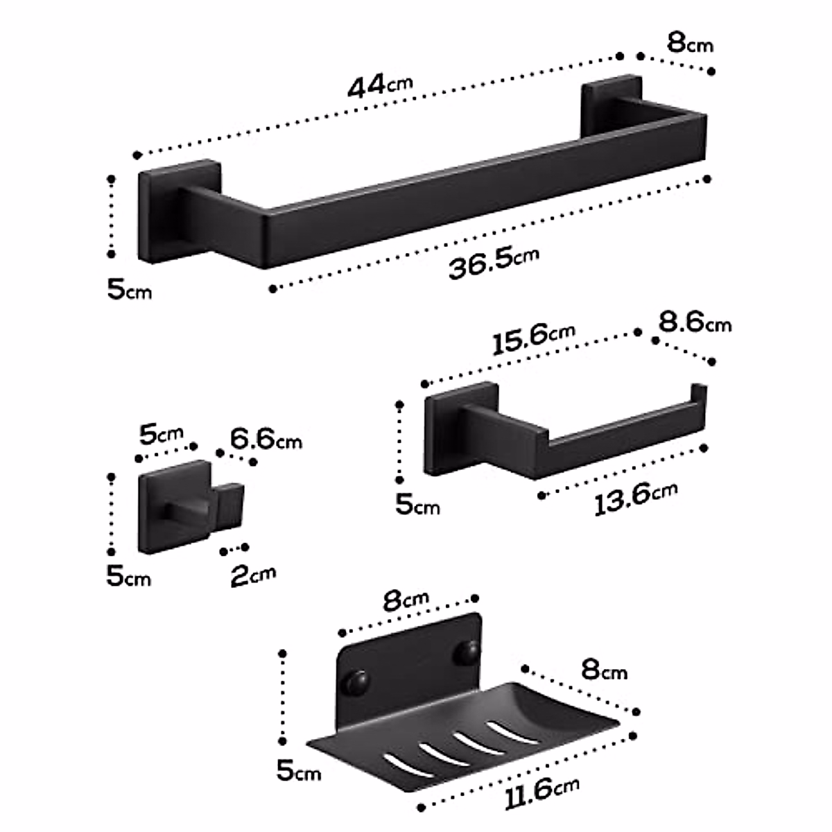 DHAEE 6 Pieces Matte Black Bathroom Accessories Set,Sturdy 304 Stainless Steel Bathroom Hardware Set,Include Wall Mounted Towel Rack/Toilet Paper Holder,Towel Rings,2 Towel Hooks,2 Soap Dish