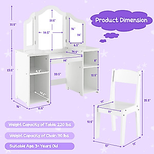 KOTEK Kids Vanity Table and Chair Set, 2 in 1 Wooden Princess Dressing Desk with Detachable Tri-Folding Mirror & Storage Shelves, Girls Pretend Play Beauty Makeup Vanity for Bedroom (White)