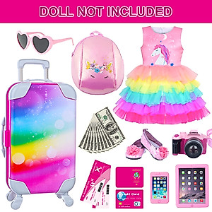 Doll Clothes and Accessories Travel Suitcase Playset for 18 Inch Girl Doll with Dolls Clothes, Backpack, Camera, Ipad, Phone, Sunglasses, Shoes, Gift for 3 to 7 Year Olds