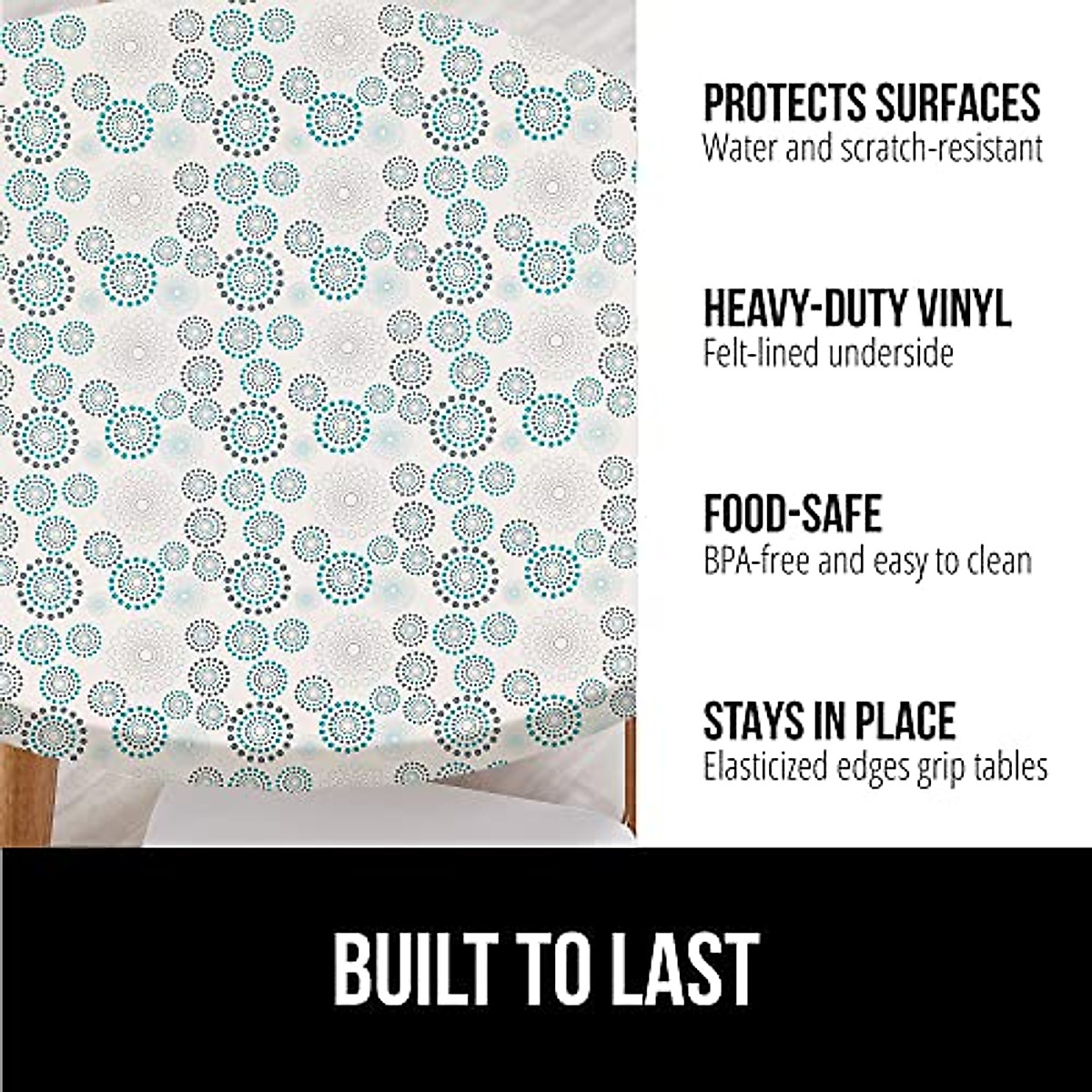 Gorilla Grip Vinyl Round Tablecloth, Fitted Elastic Edge Cover, Fade and Stain Resistant Table Cloths, Spill Proof Linen Covers for Indoor Dining, Outdoor Picnic Parties, Camping, 44" Turquoise Spiral