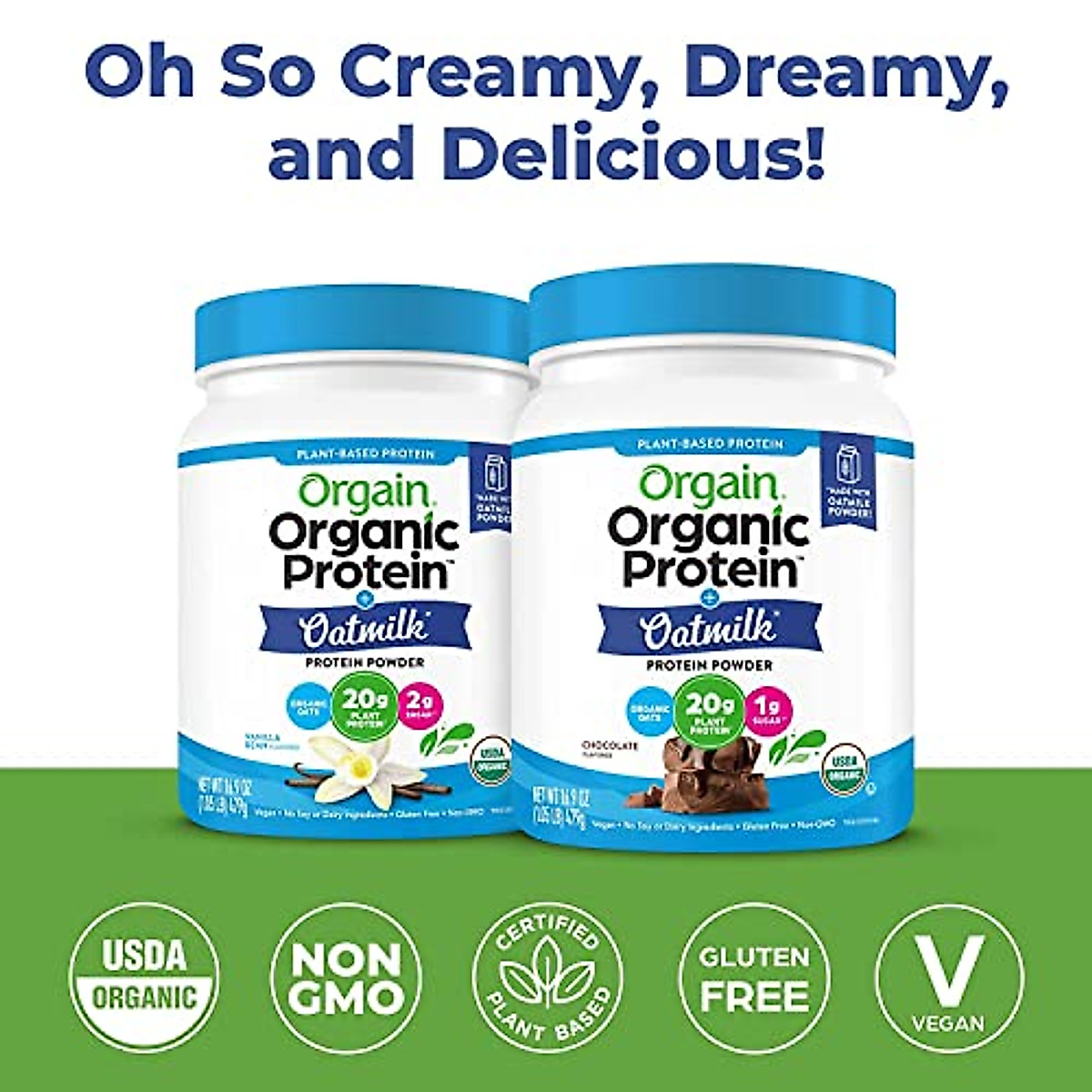 Orgain Vegan Protein Powder + Oatmilk, Chocolate, 20g of Plant Based Protein, 1g of Sugar, Made from Organic Oats, No Dairy or Soy, Non-GMO, 1lb