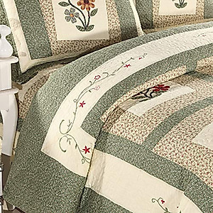 vctops 3 Piece Embroidered Floral Quilted Bedspread Quilt Set 100% Cotton Reversible Patchwork Coverlet Set 1 Quilt and 2 Pillow Shams (Green,King)