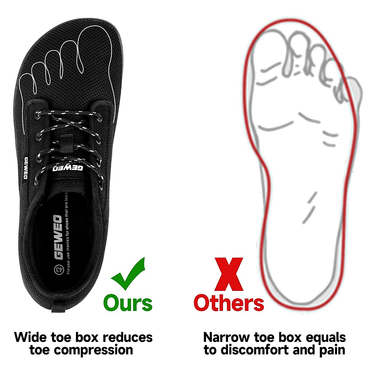 Geweo Barefoot Shoes Women Minimalist Sneakers for Men Extra Wide Toe Box Zero Drop Sole Flat Running Walking Footwear Weightlifting Size 11.5 Women/10 Men Casual Breathable Lightweight Black 43