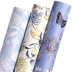 Ribbli Floral Wrapping Paper Mini Roll, 3 Rolls Dusty Blue Vintage Flower Gift Wrap for Women Girl Friend Wedding - 17 inch x 120 inch(10feet) Per Roll