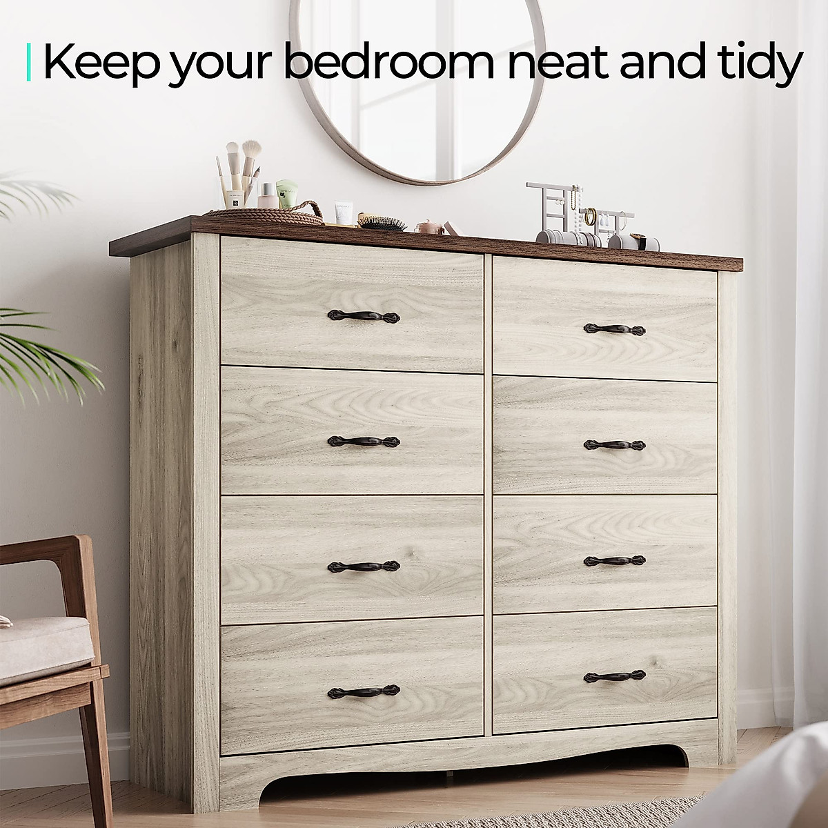 LINSY Home 8 Drawer Dresser, White Dresser for Bedroom, Farmhouse Dresser Organizer, Chest of Drawers for Nursery,Baby,Kids Bedroom