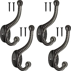 Neighbours Lane Cast Iron Hooks for Hanging Coats - Vintage Wall Hooks for Hanging Towels, Robes, Hats, Bags & More - Medium-Sized Mounted Decorative Wall Hook in Elegant Black Finish Pack of 4