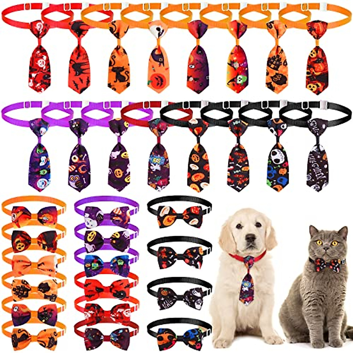 32 Pieces Halloween Dog Tie and Bowtie Collars Set Includes 16 Dog Neckties and 16 Dog Bow Tie Adjustable Dog Costume Neckties and Bow Tiespet Collars Dog Bow Tie for Small Medium Large Dog Cat Pet