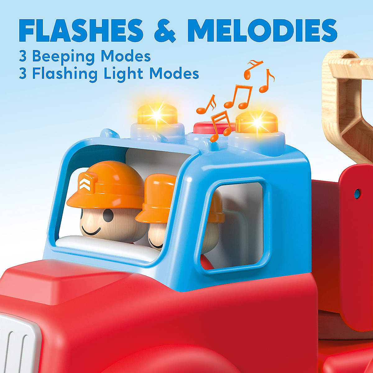 JOYIN Wooden Carrier Truck for Boys - 9 in 1 Foldable Track Carrier Truck Set, 1 Transport Toy Truck with 6 Wooden Cars, 2 Action Figures, 3 Layer Transformable Carriage Set, Toy Cars for Toddlers