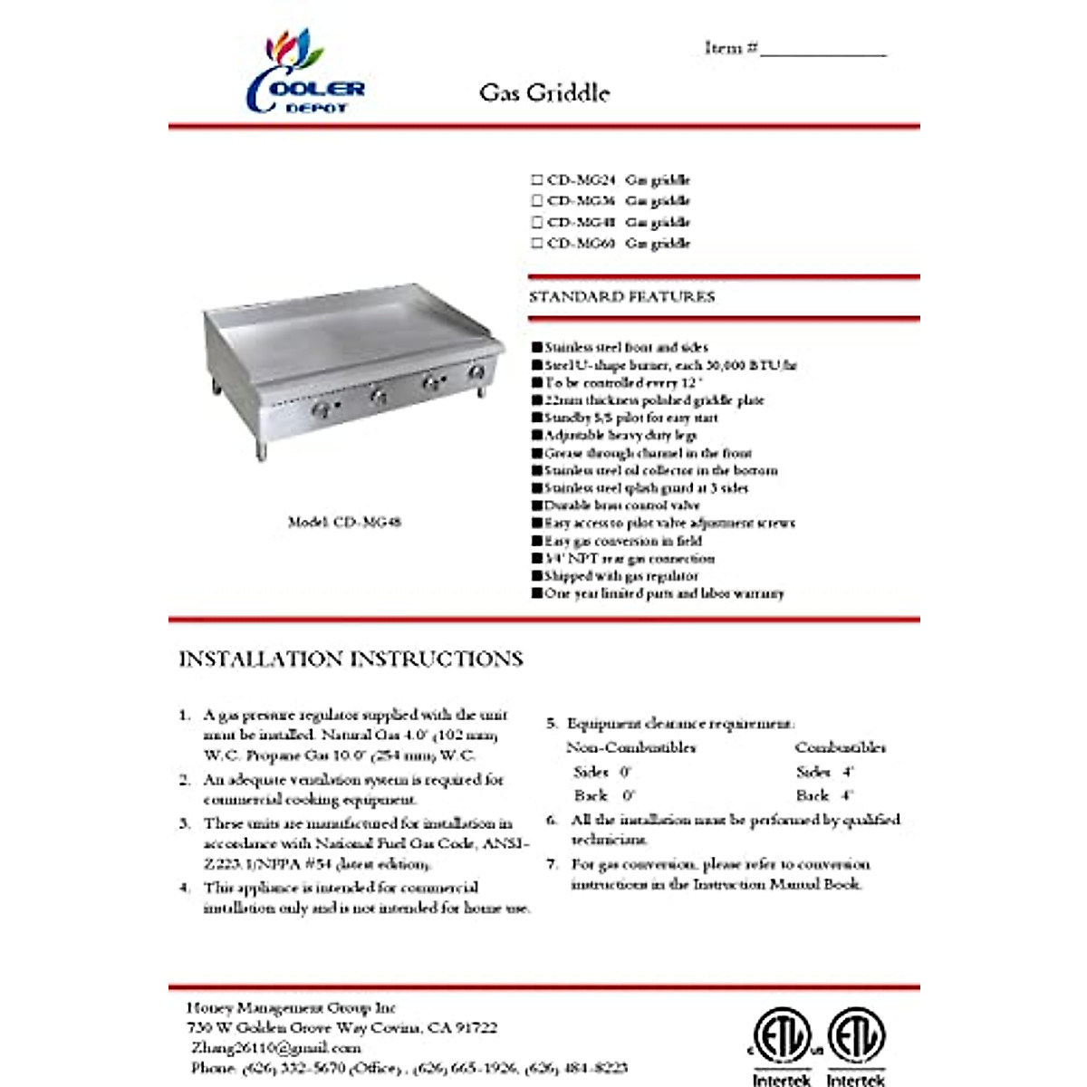 Commercial Griddle Manual 36" Countertop Natural Gas - 90000 BTU NSF CD-MG36