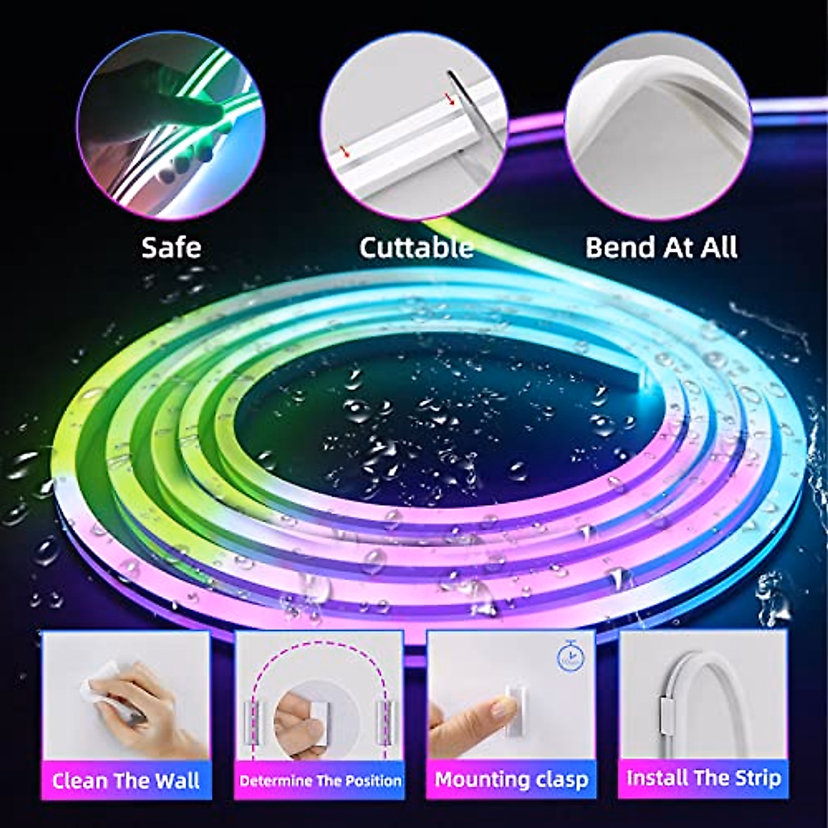 hyrion Dynamic Neon Rope Lights 16.4ft Outdoor Waterproof Cuttable RGBIC Rope Lights with Music Sync, DIY Design, Works with Bluetooth APP, Led Strip Lights for Wall Decor Bedroom Living Game Room