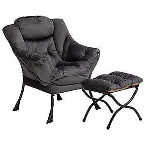 HollyHOME Fabric Lazy Chair with Foldable Ottoman, Accent Comfy Lounge Arm Chair and Folding Footrest Stool Set, Leisure Sofa Reading Chair and Footstool for Living Room, Bedroom, Dorm, Smoky Grey
