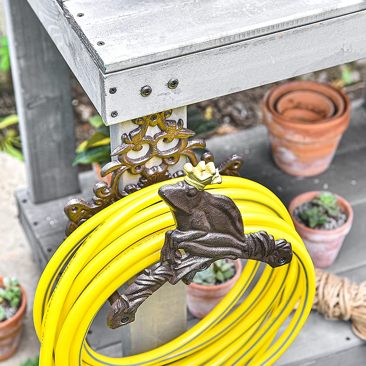 Sungmor Water Hose Holder, Wall Mount Garden Hose Hanger, Heavy Duty Cast Iron Hose Reel Wall Mounted, Indoor Outdoor Watering Hose Wall Hook, Yard Balcony Water Pipe Storage Rack Butler - Brown Frog