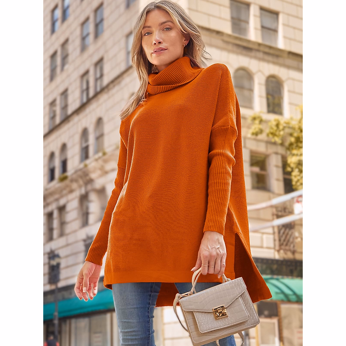 LILLUSORY Orange Turtleneck Oversized Sweaters Long Batwing Sleeve Tunic Pullover Sweater Knit Tops