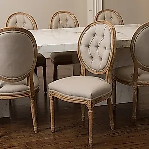 2xhome - French Country Vintage Chic Style Dining Side Chair with Upholstered Linen Welted Fabric and Elegant Natural Rustic Wood Frame - Tufted Button Oval Back