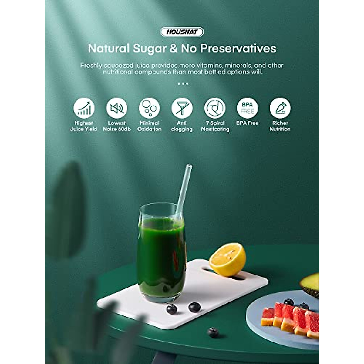 Slow Juicer Machines, HOUSNAT Cold Press Juicer Extractor for Fruits & Vegetables Easy to Clean, 2-Speed Mode with Quiet Motor & Reverse Function, Slow Masticating Juicer with Recipe (Silver Gray)