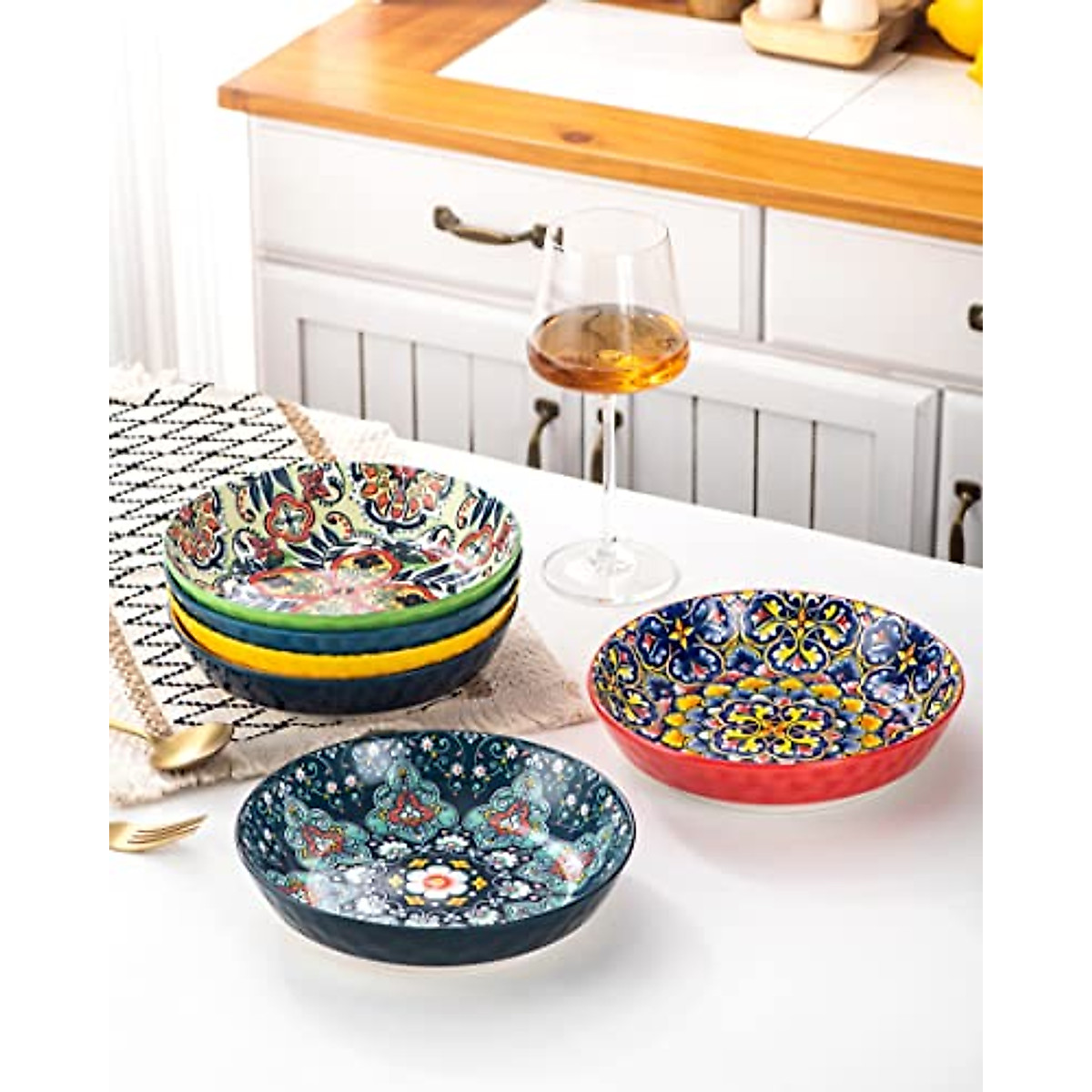 HENXFEN LEAD Pasta Salad Bowls Set of 6, Wide and Shallow Serving Dishes 27 Oz - 8 Inch Porcelain Soup Plates for Dinner, Kitchen and Eating - Bohemian style