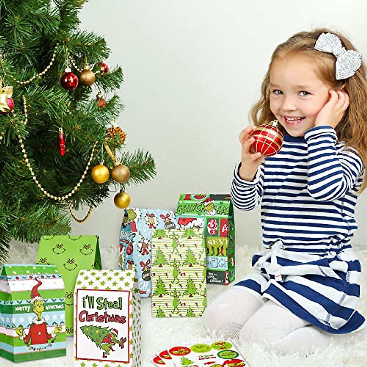 AnyDesign 48Pcs Christmas Treat Goodie Bag 6 Design Christmas Paper Gift Bag with 48Pcs Stickers Funny Cartoon Character Party Favor Bags Candy Bags for Snacks Cookie Wrapping Supplies