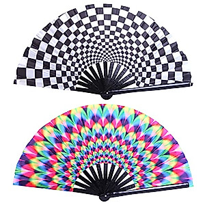 Gionforsy 2pcs Rave Hand Fan Bamboo Holding Hand Fan Large Folding Fan with Bright Color Fabric Folding Fan for Festival (Style-1)