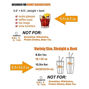 Reusable Metal Straws Short Steel Straws for Drinks, 5.5" + 6.5" + 8.5" + 10.5", straight + bent straws, with silicone tips and cleaning brush