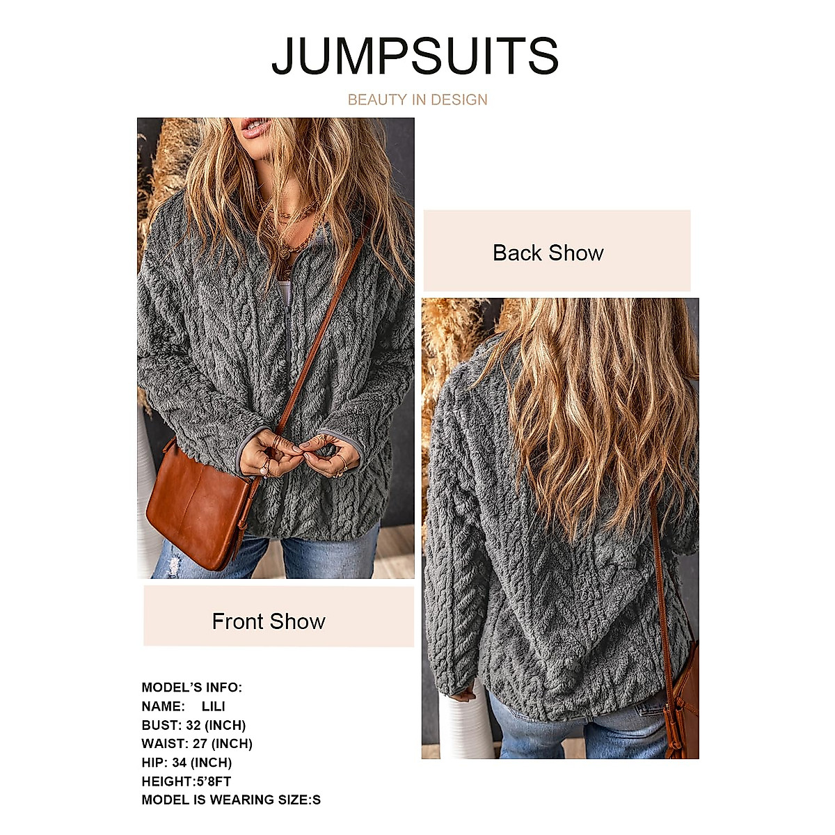 Dokotoo Women Fleece Winter Jackets Zip Up Casual Teddy Bear Long Sleeves Tops Side Pockets Oversized Short Coats Baggy Outerwears,Gray XX-Large