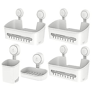 LEVERLOC Shower Caddy Suction Cup Set Shower Shelf Shower Basket - Packs of 5,One Second Installation NO-Drilling Removable Suction Shower Organizer Powerful Waterproof Bathroom Caddy Organizer White