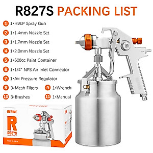 REFINE HVLP Spray Gun, Siphon Air Paint Sprayer Gun with 1.7mm 2mm Nozzle Sets, 1000CC Automotive Paint Gun with Air Regulator, Professional for Car, Furniture, House Painting