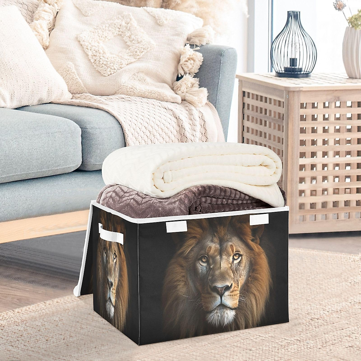 xigua Storage Basket Lion Storage Boxes with Lids and Handle, Large Storage Cube Bin Collapsible for Shelves Closet Bedroom Living Room, 16.5x12.6x11.8 Inch