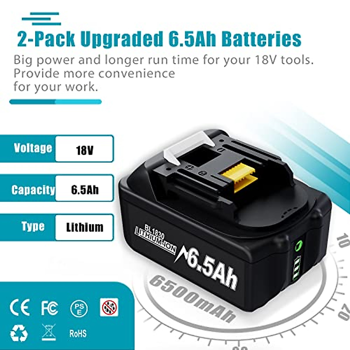 Bonacell Upgraded 6.5Ah 18V Replacement for Makita 18V Battery Compatible with Makita 18 Volt Battery BL1860 BL1850 BL1840 BL1830 BL1820 BL1815B LXT400 Cordless Power Tools 2Packs