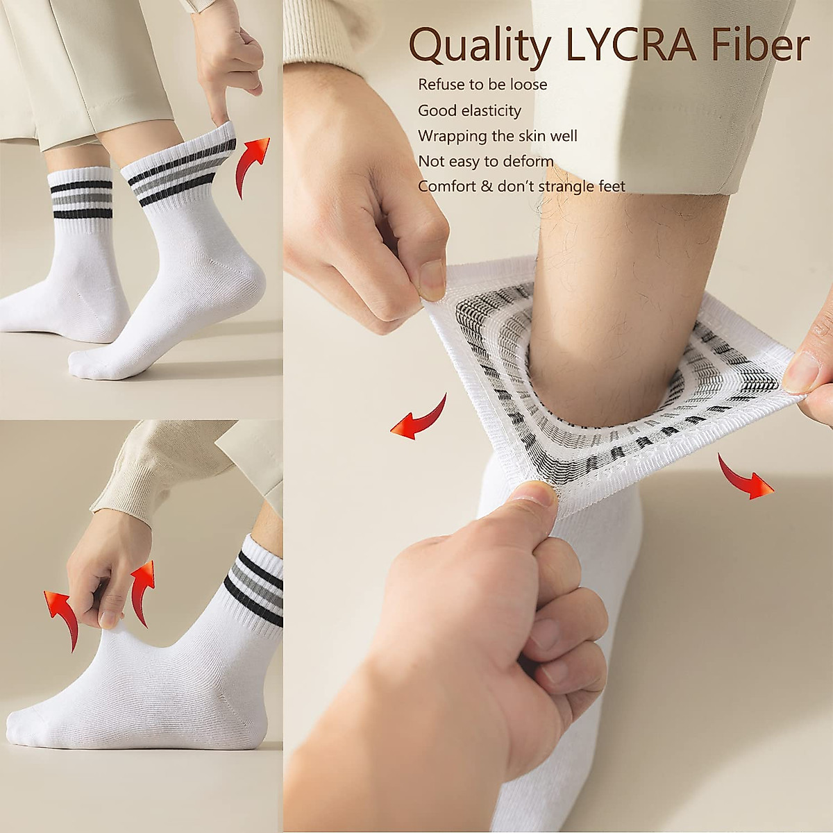 Mottee&Zconia Quarter Crew Sock for Womens/Mens Retro Vintage Old School Vibe Cotton Strips White Socks 6 pack